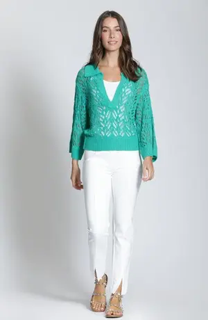 APNY Leafy Open Knit Polo Sweater