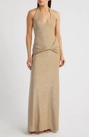 DELFI COLLECTIVE Soraya Metallic Jersey Halter Column Gown - Gold