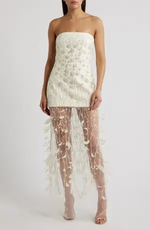 DELFI COLLECTIVE Salma Bead & Feather Strapless Gown
