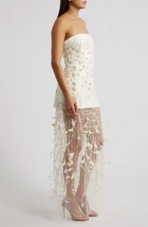 DELFI COLLECTIVE Salma Bead & Feather Strapless Gown