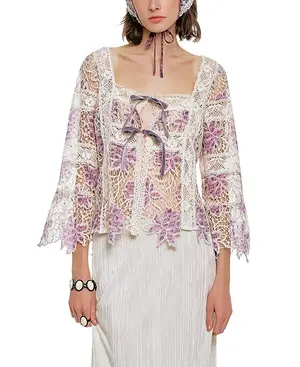 Anna Sui Medallion Floral Lace Tie Blouse - Mauve/cream