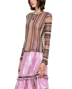 Anna Sui Wavy Chevron Knit Long Sleeve Stripe Top