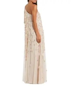 Mac Duggal Floral Embellished Mesh One Shoulder Kaftan Gown