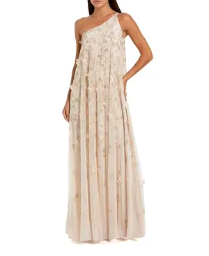 Mac Duggal Embellished Mesh One Shoulder Kaftan Gown - Vanilla