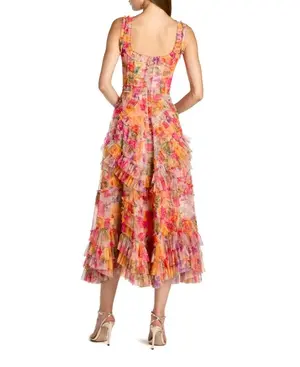 Mac Duggal Floral Scoop Neck A-line Ruffle Midi Dress
