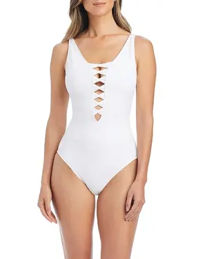 Bleu Rod Beattie Plunging Neck Embossed One Piece Swimsuit - White