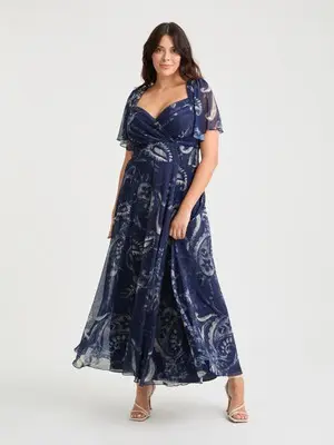 SCARLETT & JO Kemi Print Bolero Wrap Bodice Maxi Gown - Vintage Navy Paisley