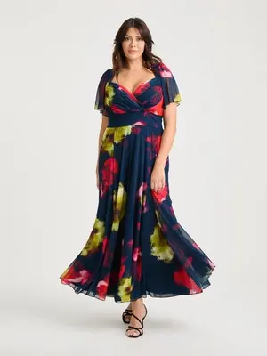 SCARLETT & JO Kemi Bolero Wrap Bodice Maxi Gown - Navy Red Multi