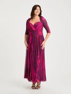 SCARLETT & JO Elizabeth Abstract Print Mesh Maxi Gown - Wine Abstract
