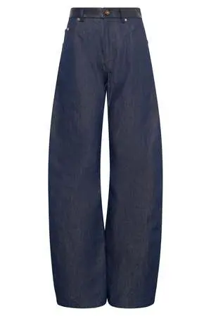 GABRIELA HEARST Lucian Barrel-leg Jean In Indigo Blue Recycled Cotton Linen Denim & Textured Leather