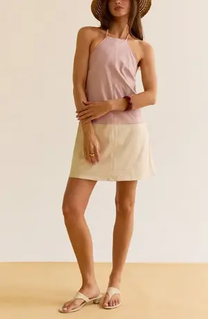 CRESCENT Suede Color Block Halter Mini Dress