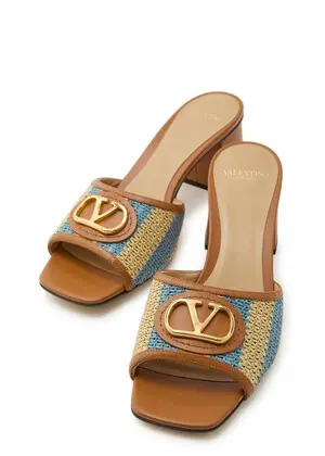 Valentino Garavani 60 Striped Raffia Leather Mules