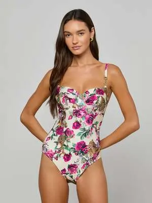 L'Agence Amie Bandeau One-piece Swimsuit - Ivory/rose Leopard Jungle