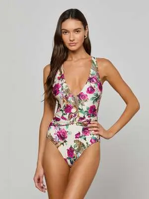L'Agence Lisa Plunge One-piece Swimsuit - Ivory/rose Leopard Jungle