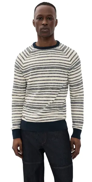 Billy Reid Raglan Stripe Crew Sweater - Tinted White/carbon Blue