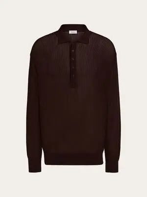 FERRAGAMO Long Sleeve Knitted Silk Polo Shirt - Brown