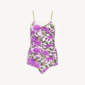 Chloé Rose-print Ruched Bodysuit - White - Purple