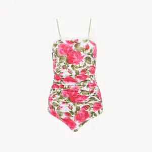 Chloé Rose-print Ruched Bodysuit - White Pink