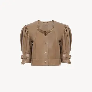 Chloé Cropped Puff-sleeve Jacket In Leather - Smoked Brown