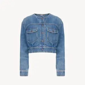 Chloé Collarless Cropped Jacket In Denim - Dusty Cobalt
