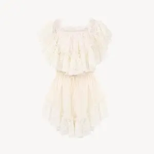 Chloé Off-the-shoulder Mini Jumpsuit In Washed Satin & Lace - Eden White