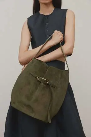 LIFFNER Belted Bucket Bag Large Sage Suede