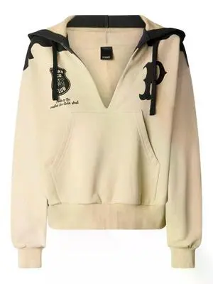 Pinko Cotton V-neck Hoodie With Two-tone Hood And Rodeo Prints - Neutrals