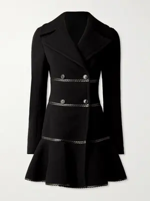Alaïa Princess Double-breasted Leather-trimmed Wool Peplum Coat - Black