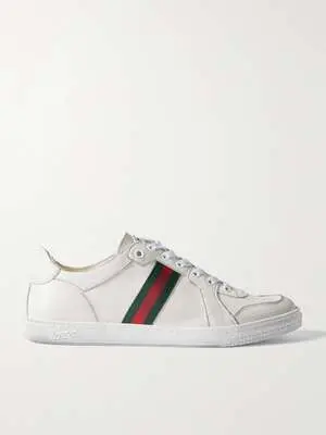Gucci Distressed Webbing-trimmed Leather Sneakers - White