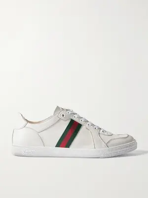 Gucci Distressed Webbing-trimmed Leather Sneakers - White