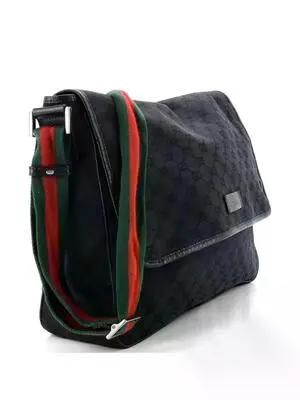 Gucci Web Strap Flap Messenger Gg Canvas Medium Crossbody Bag - Black