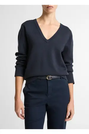 Vince Double-Face Cotton-Blend V-Neck Sweater Denim
