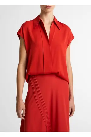 Vince Stretch-silk Hidden-placket Cap-sleeve Blouse - Orange / Red