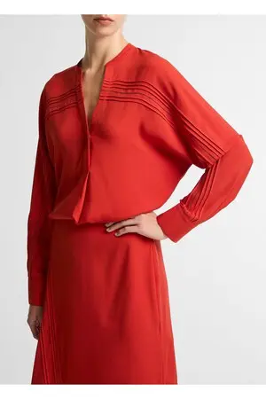 Vince Pintuck Satin Half-placket Blouse