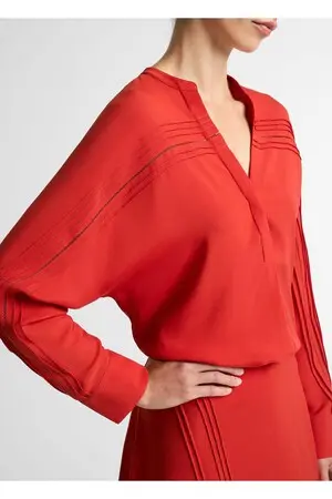Vince Pintuck Satin Half-placket Blouse