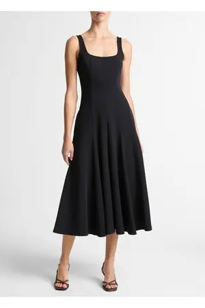 Vince Seamed Cotton-blend Square-neck Midi Dress - Black