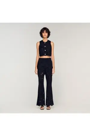 Sandro Guipure Lace Straight Leg Trousers - Black