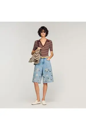 Sandro Embellished Denim Bermuda Shorts - Blue