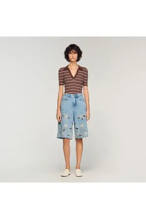 Sandro Embellished Denim Bermuda Shorts - Blue