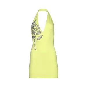David Koma Metallic Flower Hotfix Detail Halterneck Dress /silver - Yellow