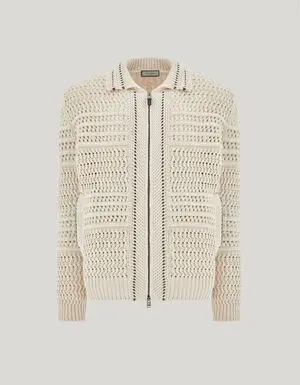 Canali Cotton Crochet Zip-up Cardigan - White