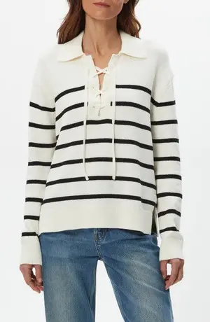 Michael Stars Adrienne Lace Up Sweater - Ivory/black