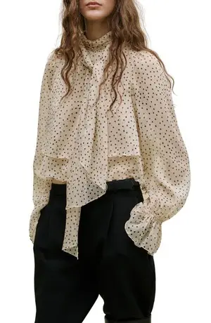 Mango Polka Dot Tie Neck Blouse