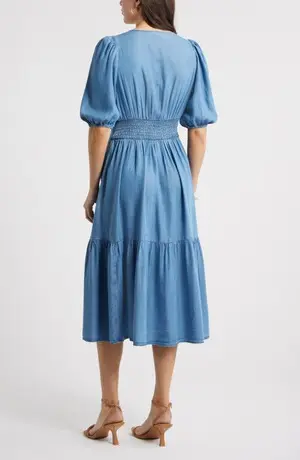 Caslon Twist Front Puff Sleeve Chambray Midi Dress