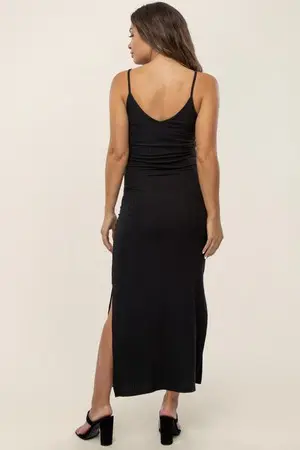 PINKBLUSH Ribbed Maxi Dress With Side Slits And V-neckline
