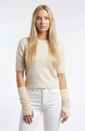 Portolano Cashmere Long Fingerless Gloves With Pearls - White