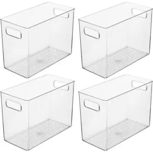MDESIGN Tall Plastic Bathroom Organizer Bin With Built-in Handles, 4 Pack - Clear