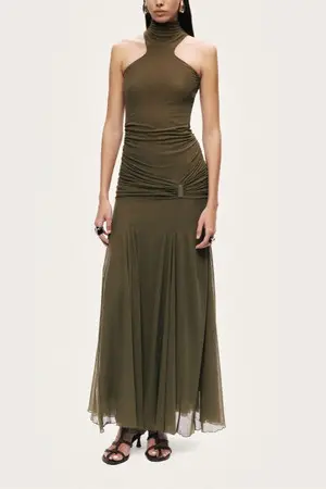 NOCTURNE Halter Neck Draped Maxi Dress - Khaki