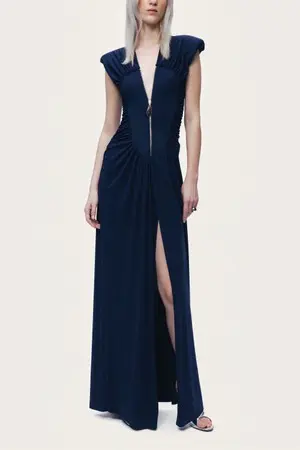 NOCTURNE Zip-front Draped Maxi Dress - Navy