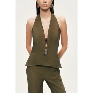 NOCTURNE Halter Neck Peplum Top - Khaki